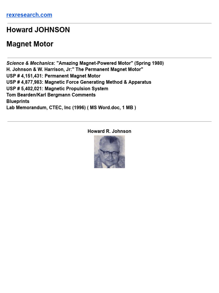 Howard Johnson's Magnet Motor Innovations | PDF | Electric Motor ...