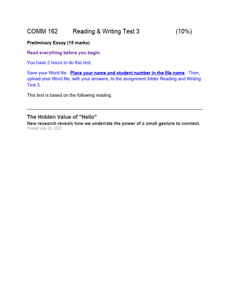 COMM 162 - Reading and Writing Test 3 | PDF | Essays | Paragraph