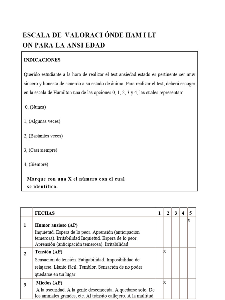 Test de Hamilton Ansiedad-Estado | PDF | Depresión (estado de ánimo ...