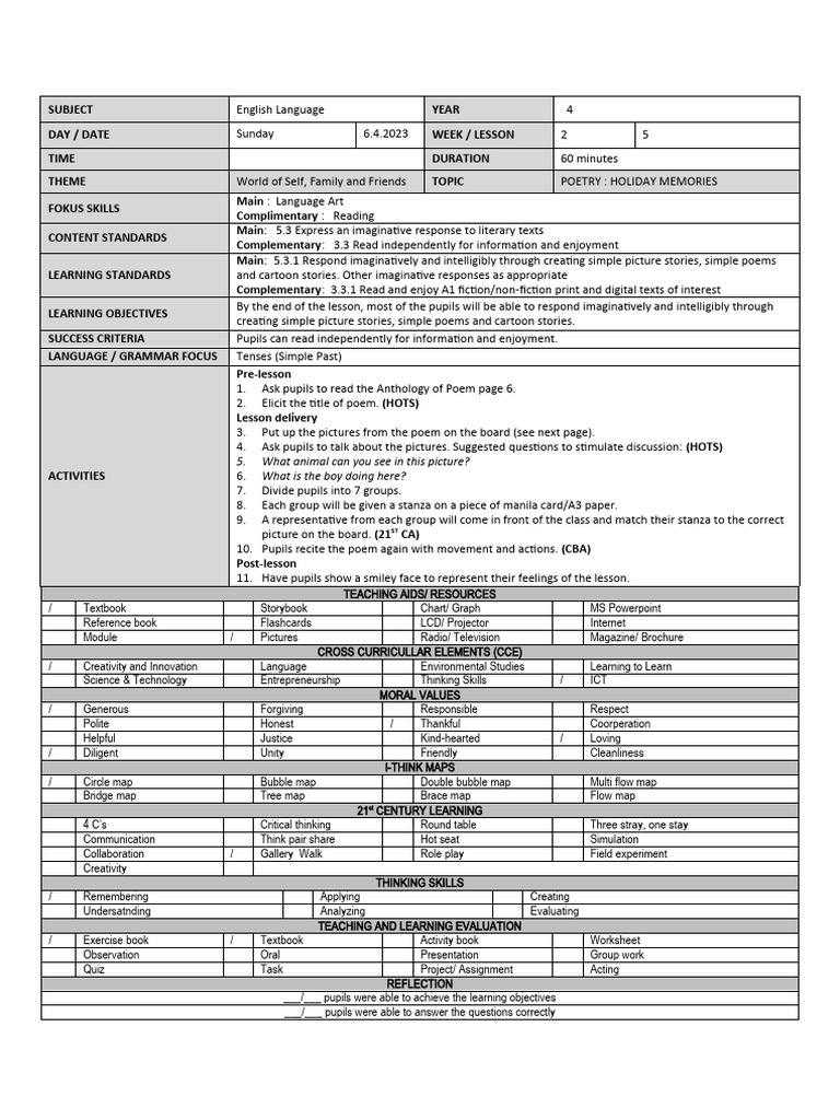 English Year 4 Lesson Plan | PDF | Poetry | Learning