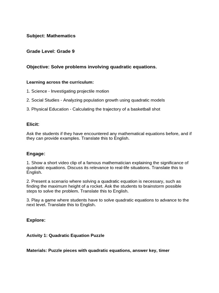Lesson Plan | PDF | Quadratic Equation | Equations