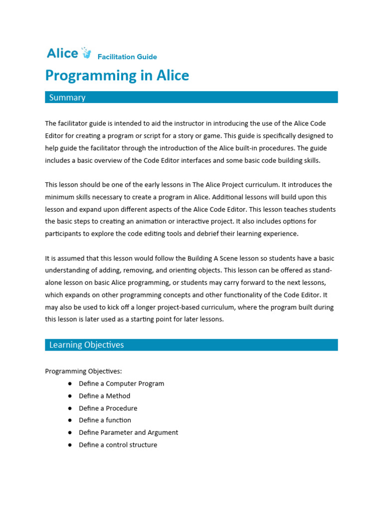 Programming in Alice Facilitation Guide | PDF | Parameter (Computer ... Programming in Alice Facilitation Guide | PDF | Parameter (Computer ...