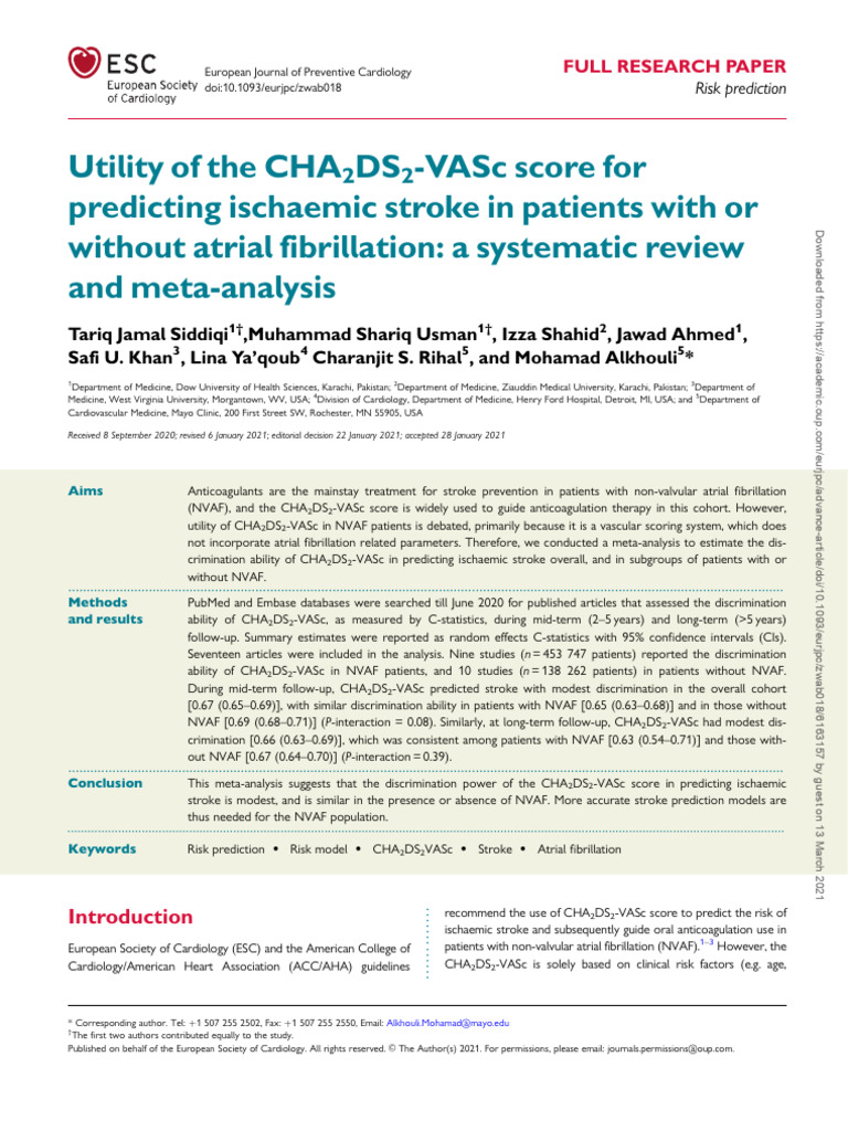 2021 ESC Utility CHA2DS2-VASc Score For Predicting Ischaemic Stroke in ...