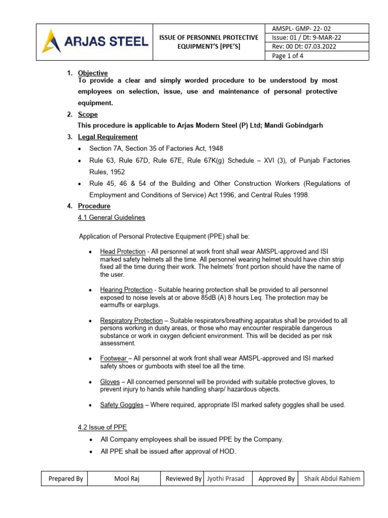 Amspl Ppe Policy Final | PDF | Personal Protective Equipment | Safety