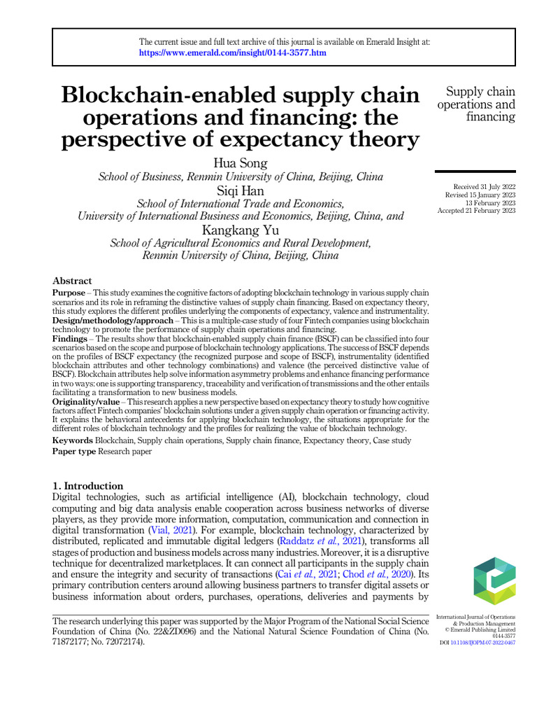 Blockchain-Enabled Supply Chain Operations and Financing The Perspective of Expectancy Theory ...