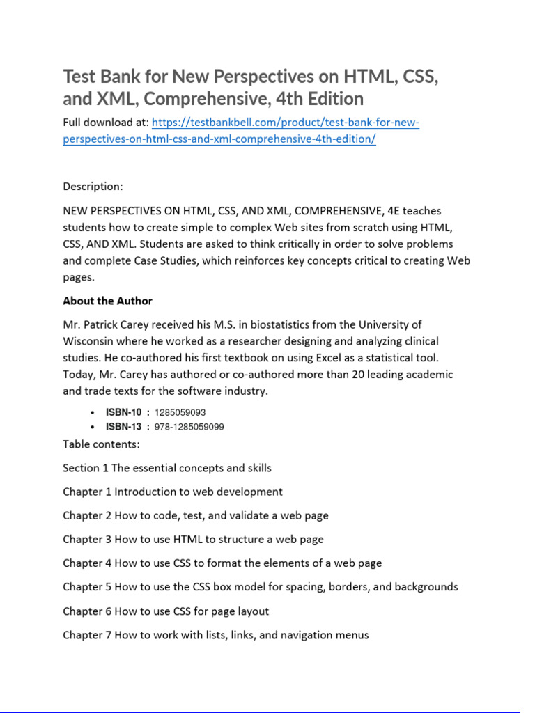 Test Bank For New Perspectives On HTML Css and XML Comprehensive 4th ...