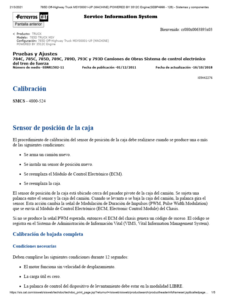 785D CALIBRACION SENSOR POSICION DE TOLVA | PDF | Calibración | Vehículos