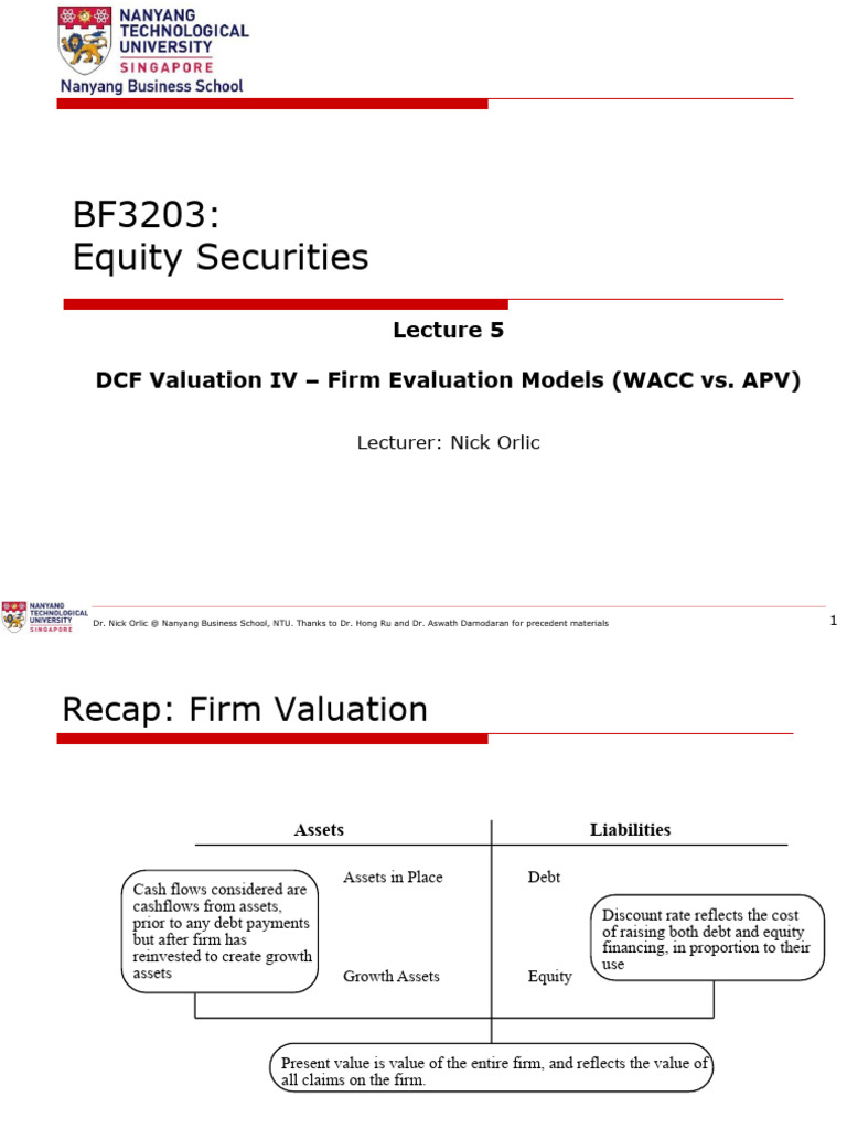BF3203: Equity Securities: DCF Valuation IV - Firm Evaluation Models ...