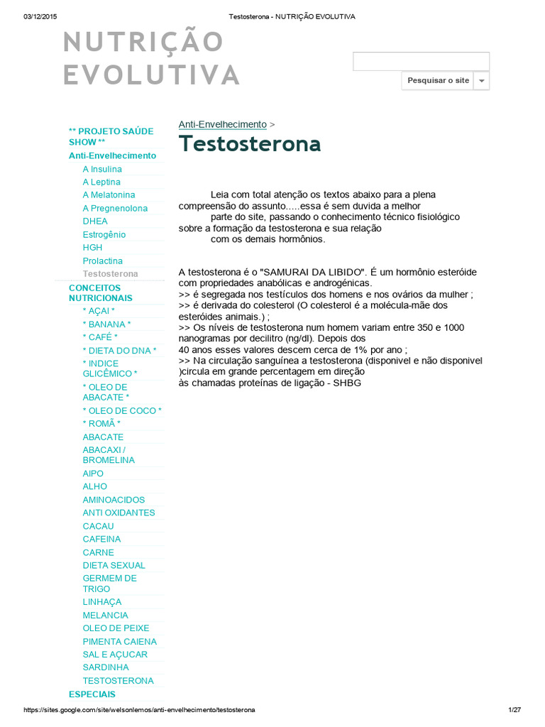 Testosterona e Nutrição Evolutiva | PDF | Testosterona | Hormônio ...