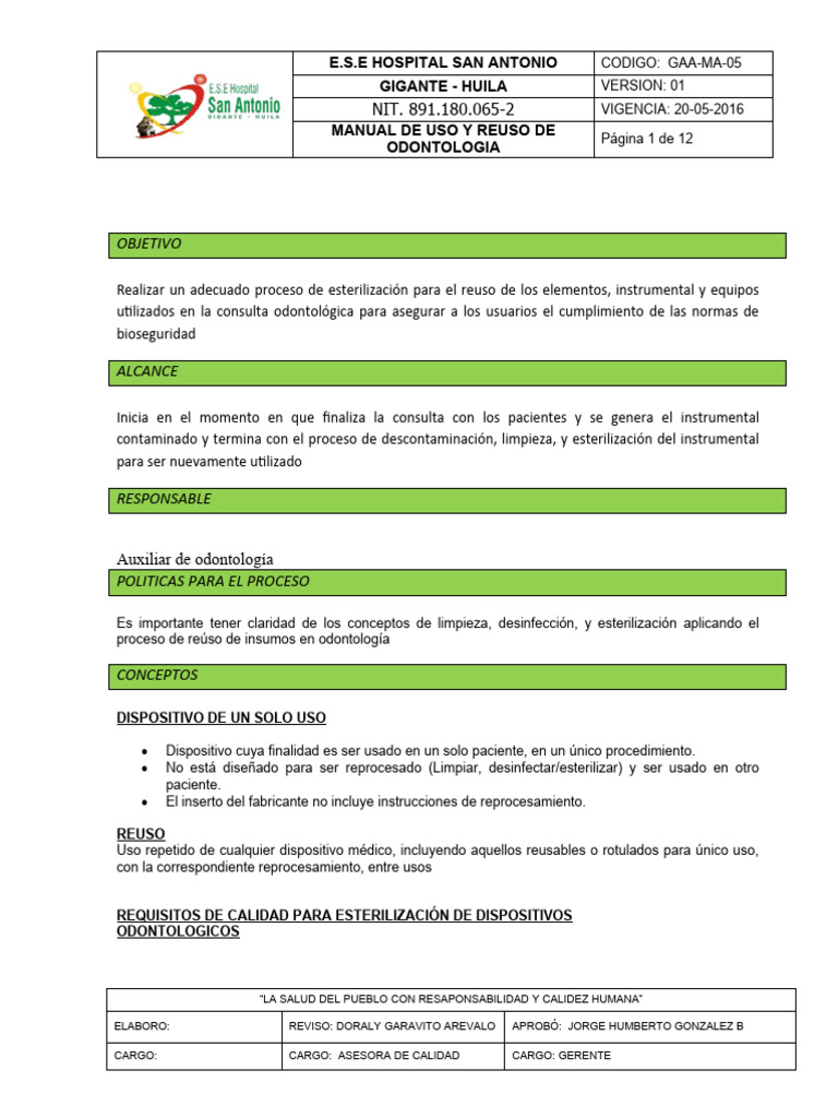 GAA-MA-05 Manual de Uso y Reuso Odontologia | PDF | Residuos ...