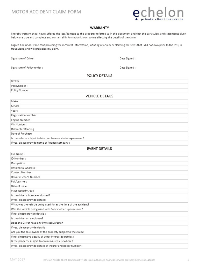Echelon Motor Accident Claim Form May 2017 Editable Min | PDF | Traffic ...