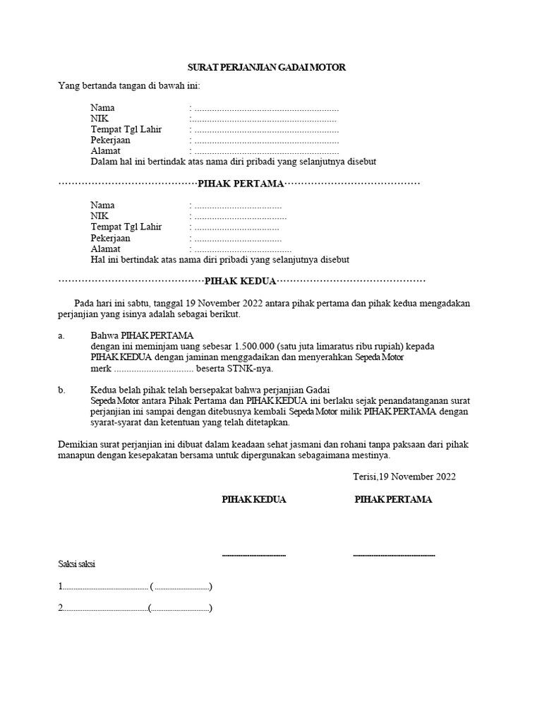 Surat Perjanjian Gadai Motor Simple | PDF