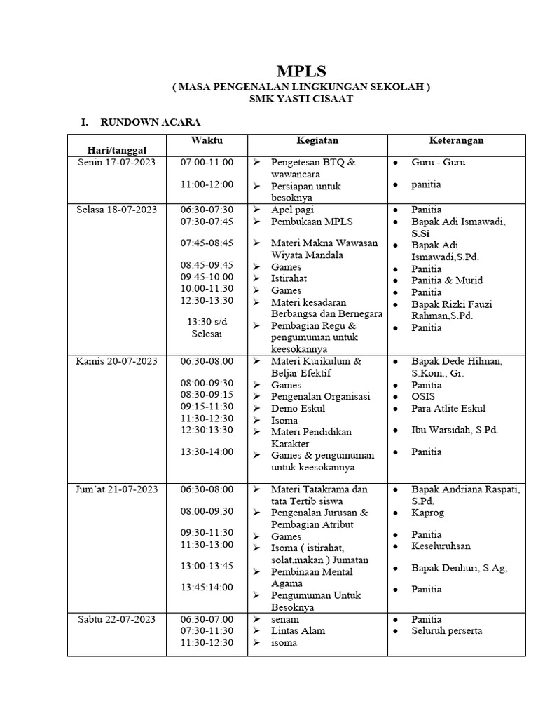 Rundown MPLS SMK YASTI Cisaat 2023 | PDF