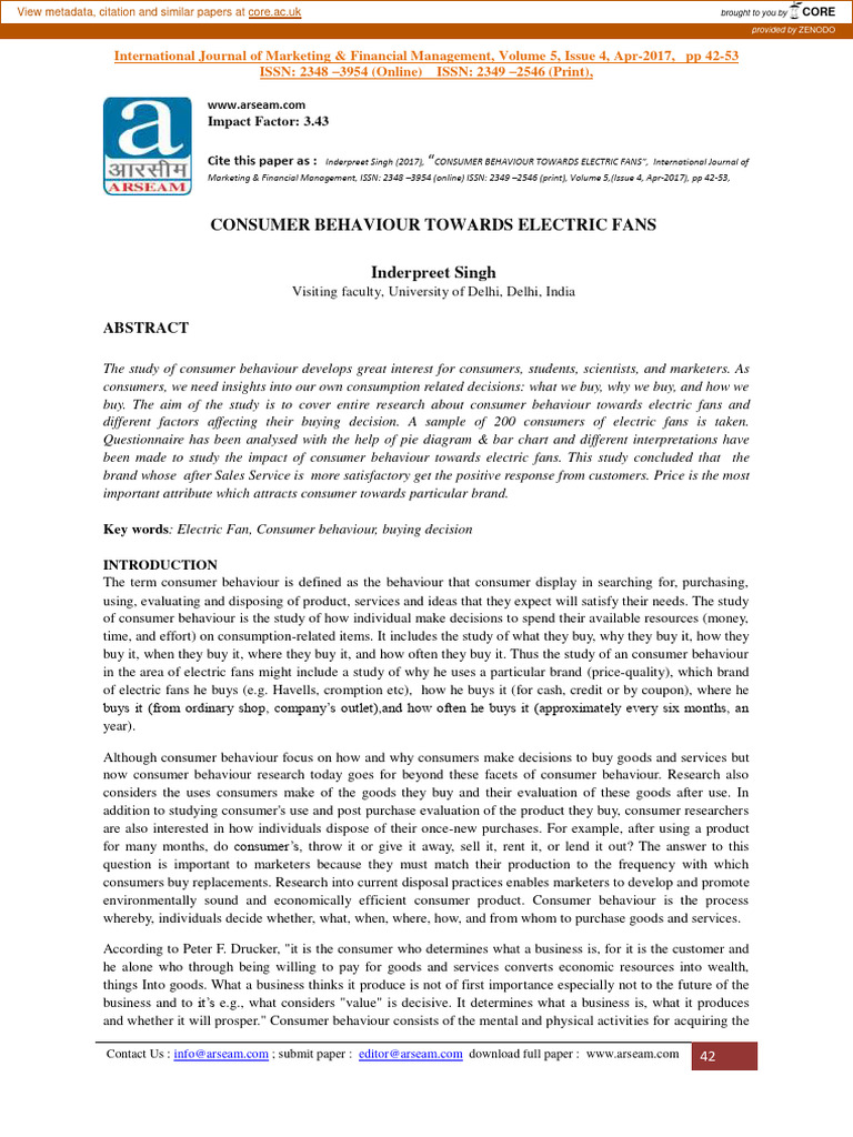 Consumer Behaviour Towards Electric Fans: Impact Factor: 3.43 Cite This ...