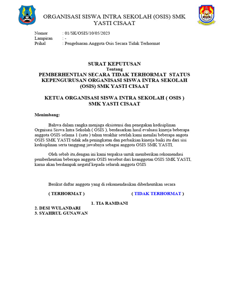 Surat Pemberhentian Osis | PDF