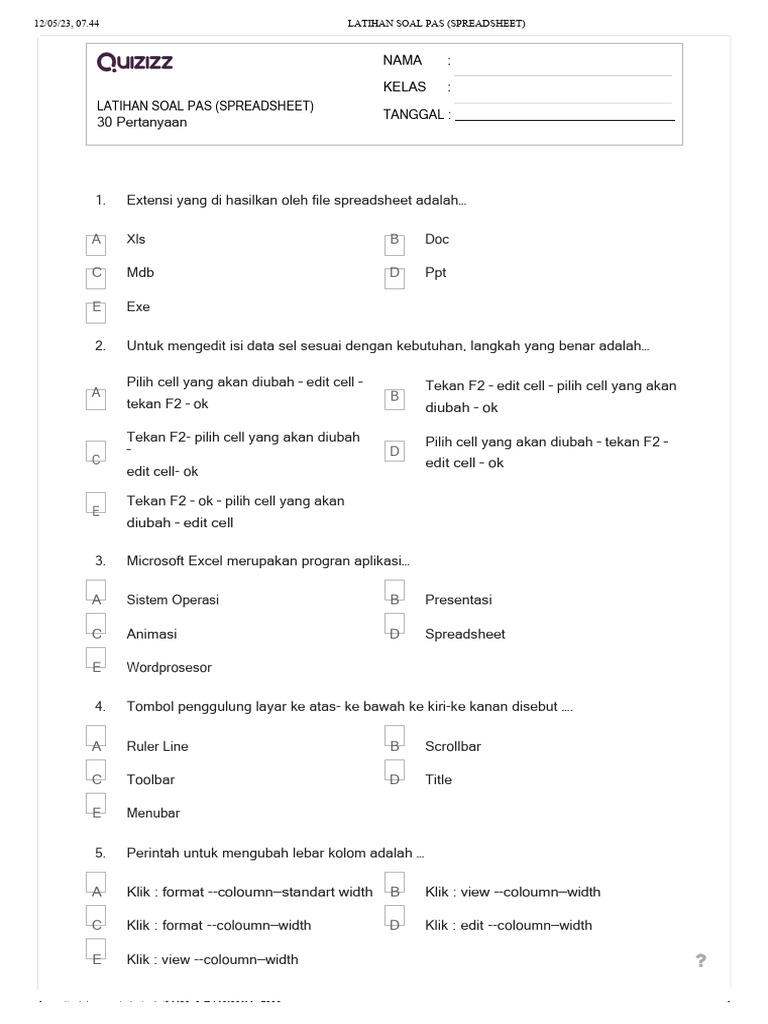 Latihan Soal Pas Spreadsheet Pdf