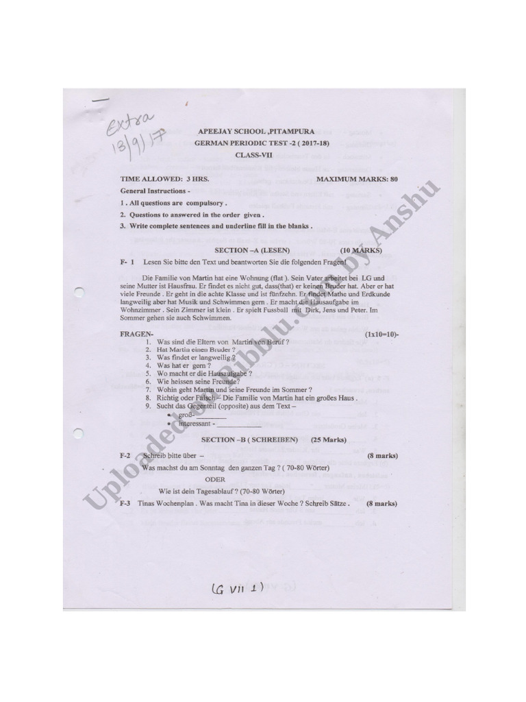 Class 7 German Question Paper 2 Periodic Test 2017 Apeejay | PDF