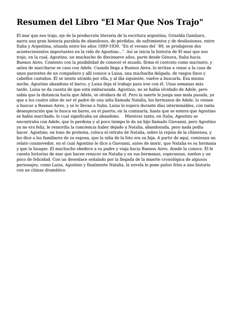 Resumen Del Libro El Mar Que Nos Trajo | PDF