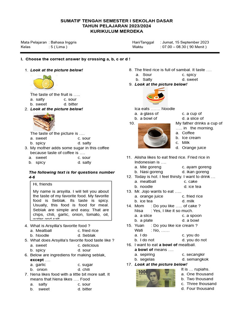 SOAL MID Bhs Inggris | PDF | Taste | Indonesian Cuisine