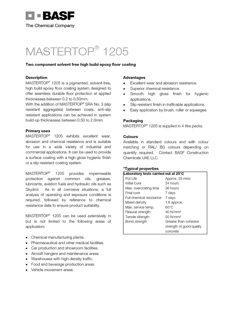09 - TDS - Mastertop 1205 | PDF | Concrete | Coating