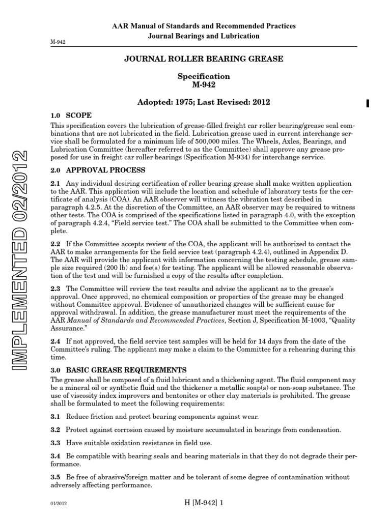 AAR M-942 Journal Bearing Grease Standards | PDF | Bearing (Mechanical ...