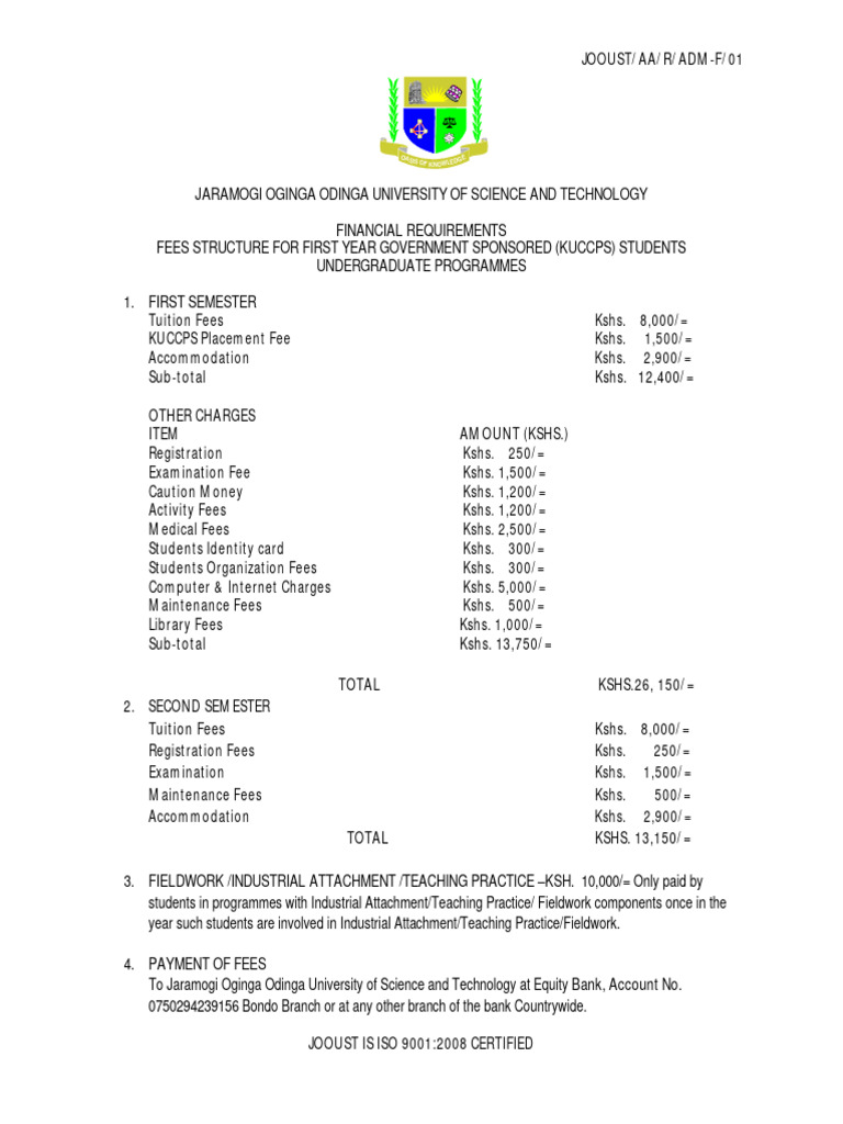 JOOUST Fee Structure for First Year Students | PDF | Fee | Payments