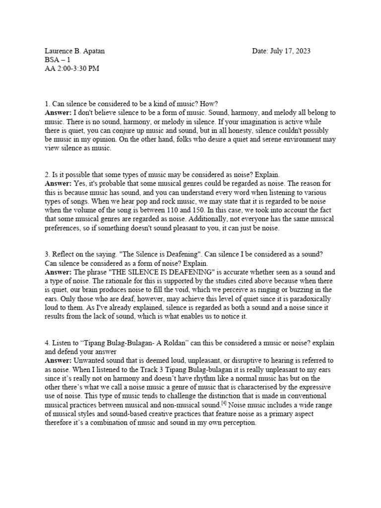 Arts Appreciation Assignment | PDF | Noise | Silence