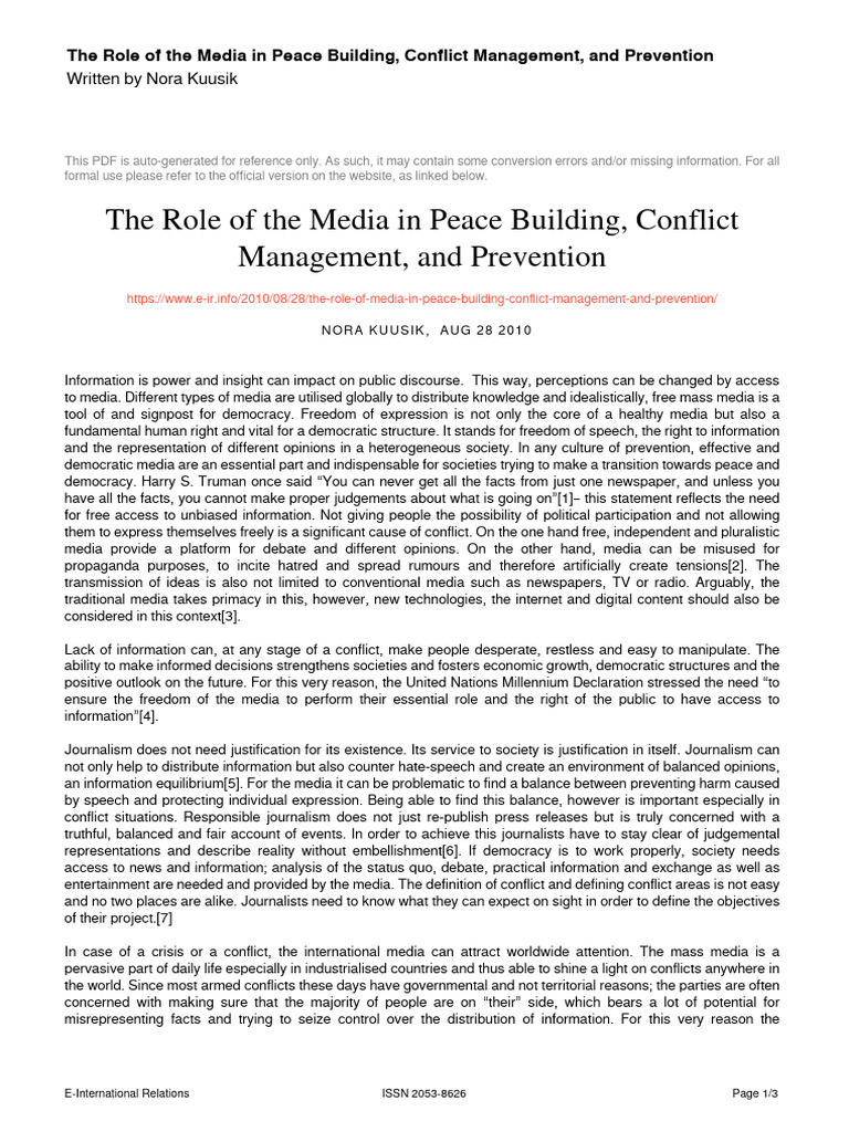 The Role of The Media in Peace Building Conflict Management and ...