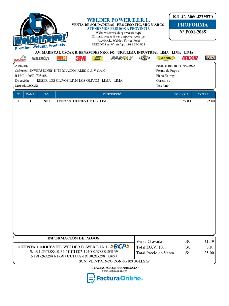 Proforma P001-2085 W | PDF