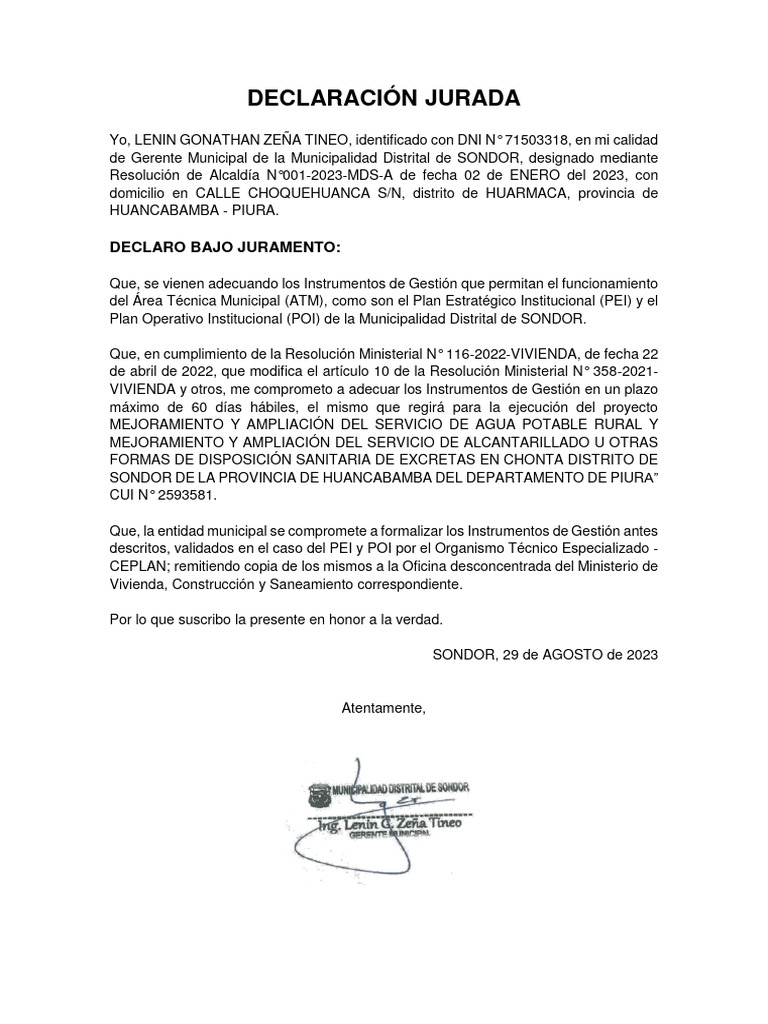 Declaración Jurada de Lenin Zeña Tineo | PDF | Finanzas y dinero | Hogar, jardinería y bricolaje