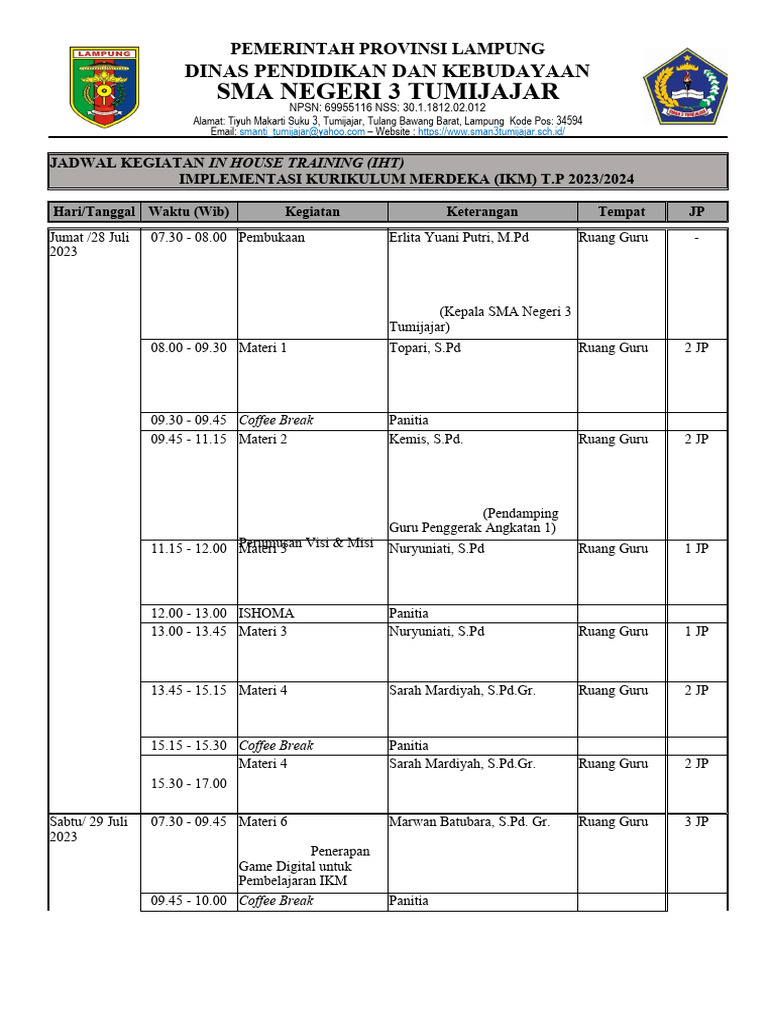 Jadwal IHT Sman3 | PDF