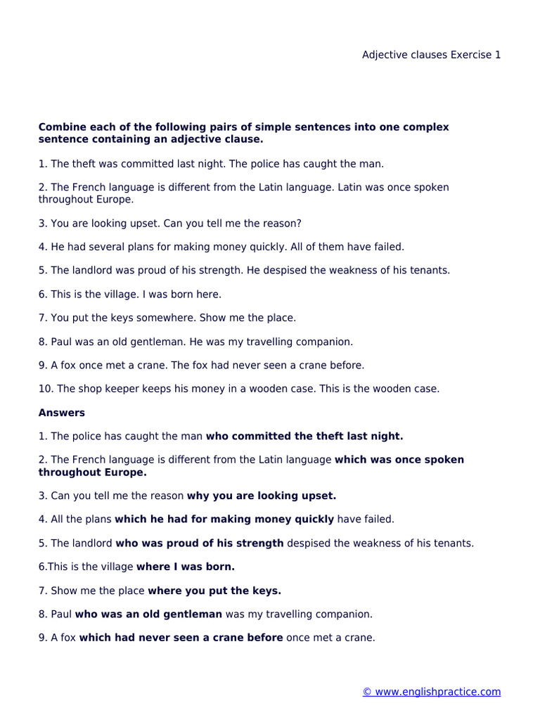 Adjective Clauses Exercise 1 | PDF
