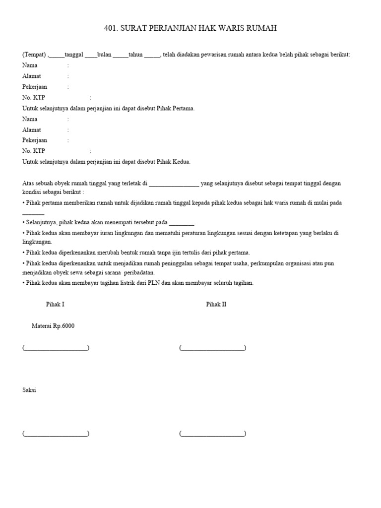 Surat Perjanjian Hak Waris Rumah | PDF