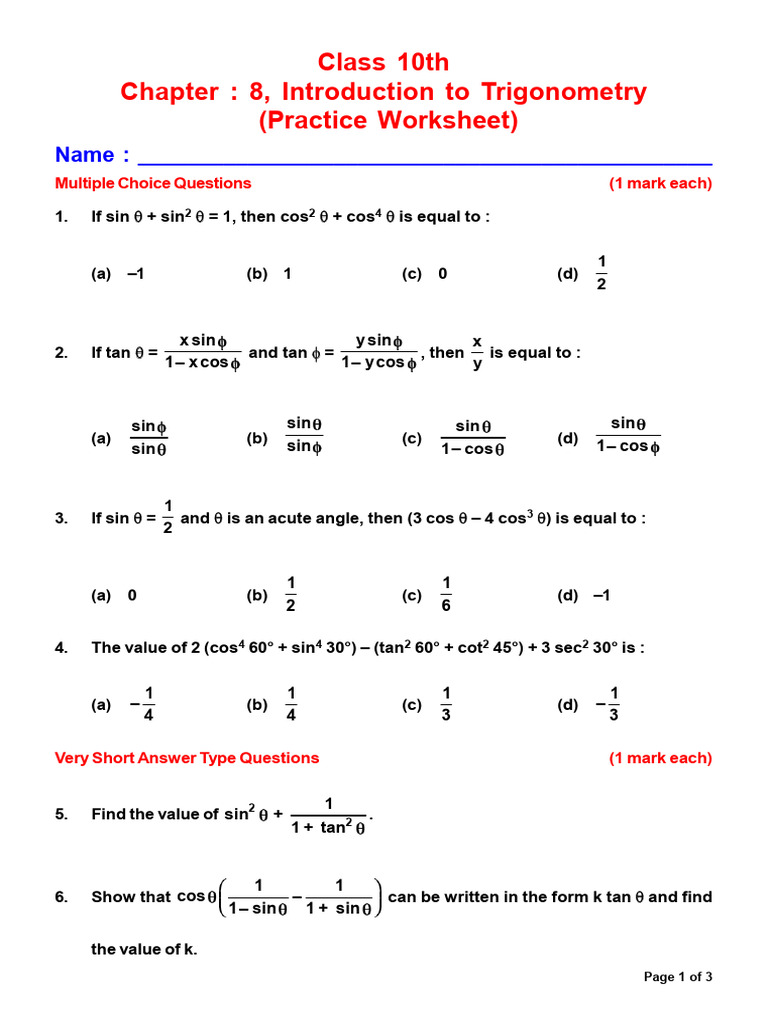 Class10th (IntroductionToTrigonometry) PracticeWorksheet | PDF | Euclid | Mathematical Objects