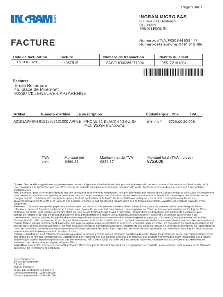 Facture Ingram Micro pour iPhone 11 | PDF | Facture | Taxe sur la ...