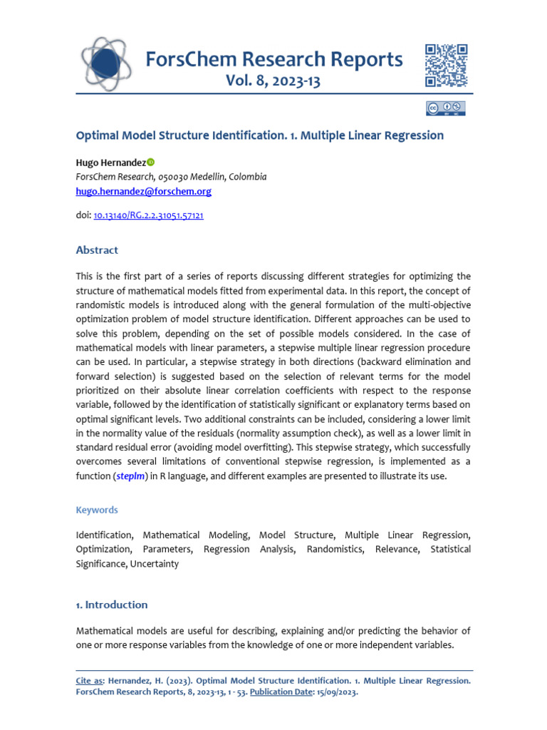 Optimal Model Structure Identification 1. Multiple Linear Regression | PDF | Errors And ...