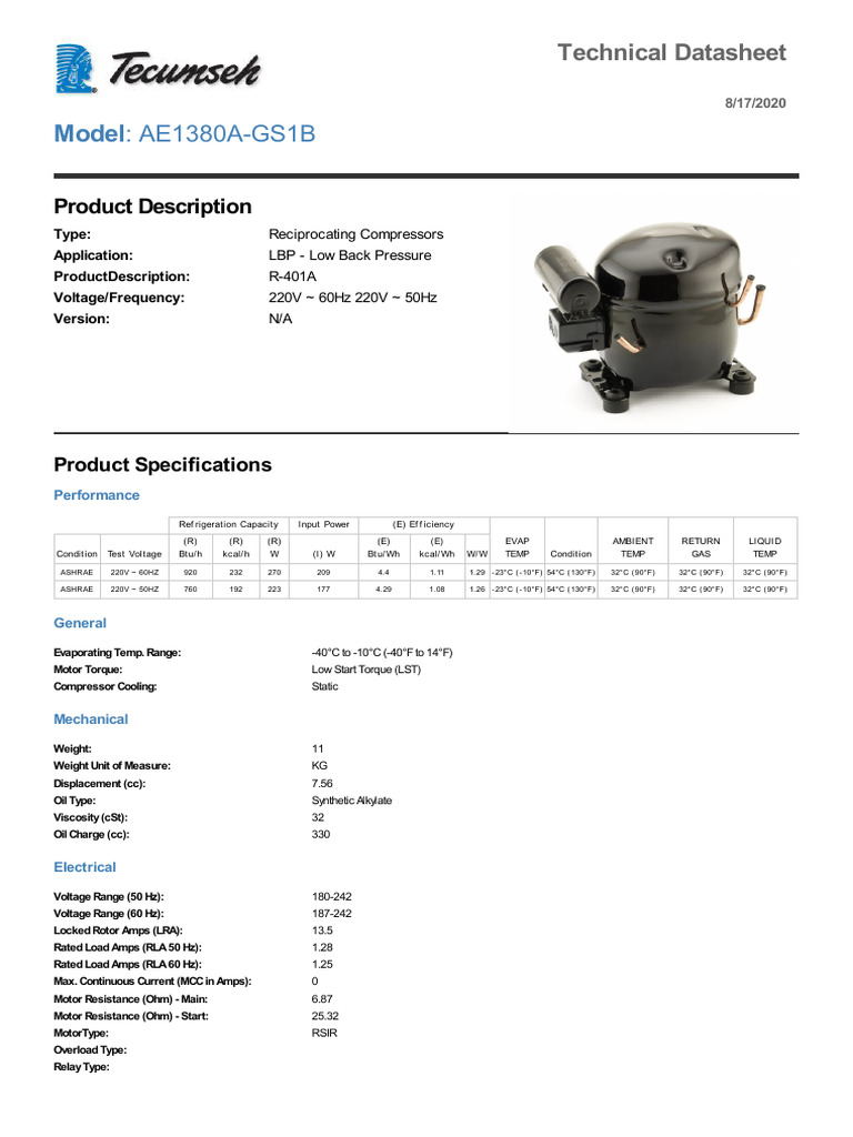 Tecumseh Ae1380a Gs1b Reciprocating Compressors | PDF | Electrical ...