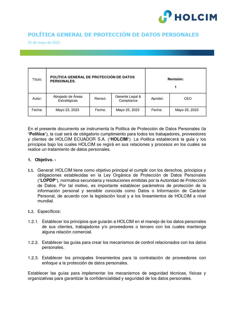 2023-Vf-Politica-General-De-Proteccion-De-Datos-Personales HOLCIN | PDF | Bases de datos ...