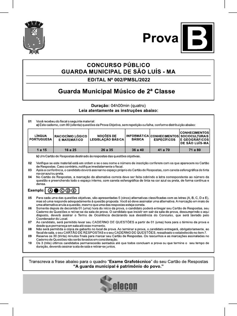 PROVA B Guarda Municipal Musico de 2o Classe | PDF