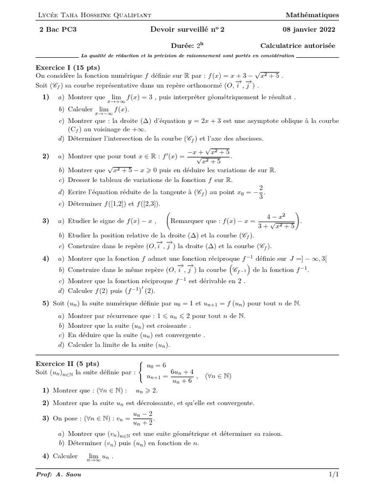 DS2 2BSPC3 S1 2021 2022 2 | PDF | Courbe | Fonction (Mathématiques)