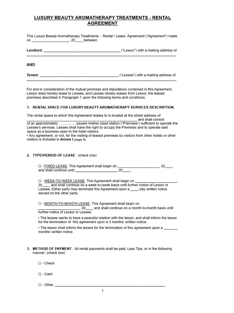 Luxury Beauty Treatment Rental Agreement | PDF | Lease | Law Of Obligations