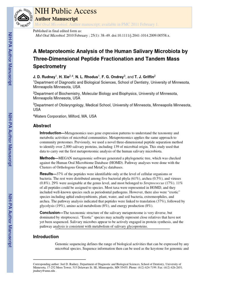 A Metaproteomic Analysis of The Human Salivary Microbiota | PDF ... A Metaproteomic Analysis of The Human Salivary Microbiota | PDF ...