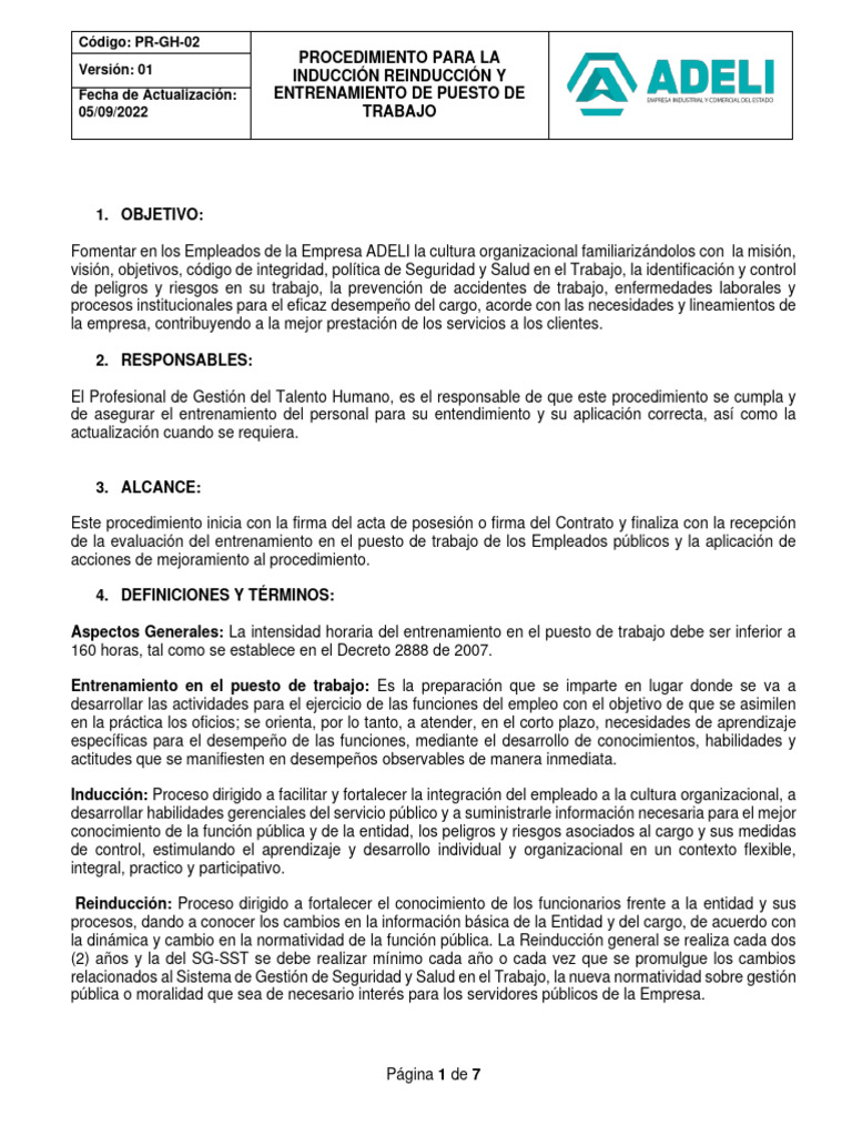 1 Procedimiento-Para-La-Induccion-Reinduccion-Y-Entrenamiento-De-Puesto-De-Trabajo | PDF ...