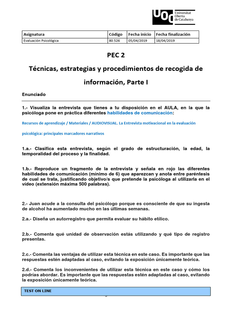 Ev - Psicologica Enunciado PEC2 | PDF | Sicología | Evaluación