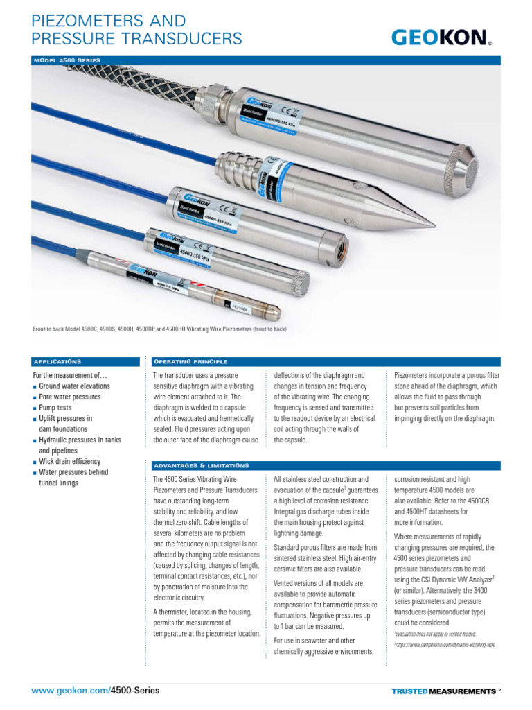 Geokon 4500 Series Piezometers Overview | PDF | Porosity | Pressure