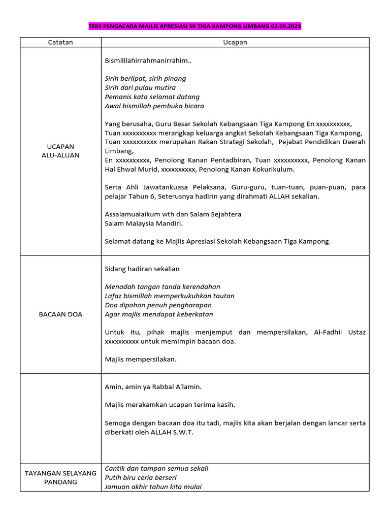 Teks Pengacara Majlis Apresiasi SK Tiga Kampong 2023 | PDF Teks Pengacara Majlis Apresiasi SK Tiga Kampong 2023 | PDF