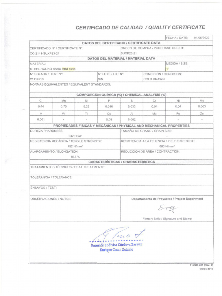 Certificado de Calidad Acero 1045 de 1 | PDF