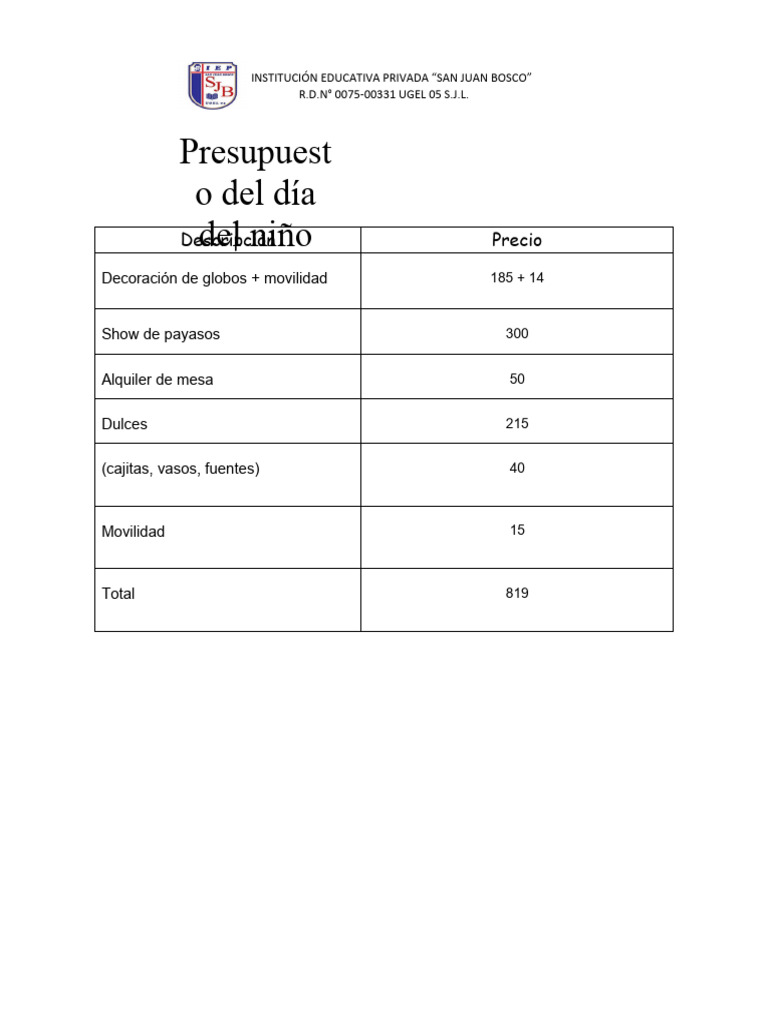 Presupuesto de L Dia Del Niño. | PDF
