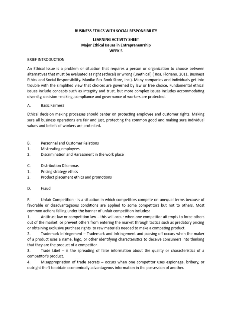 Major Ethical Issues in Entreprenurship Activity Sheet | PDF ...