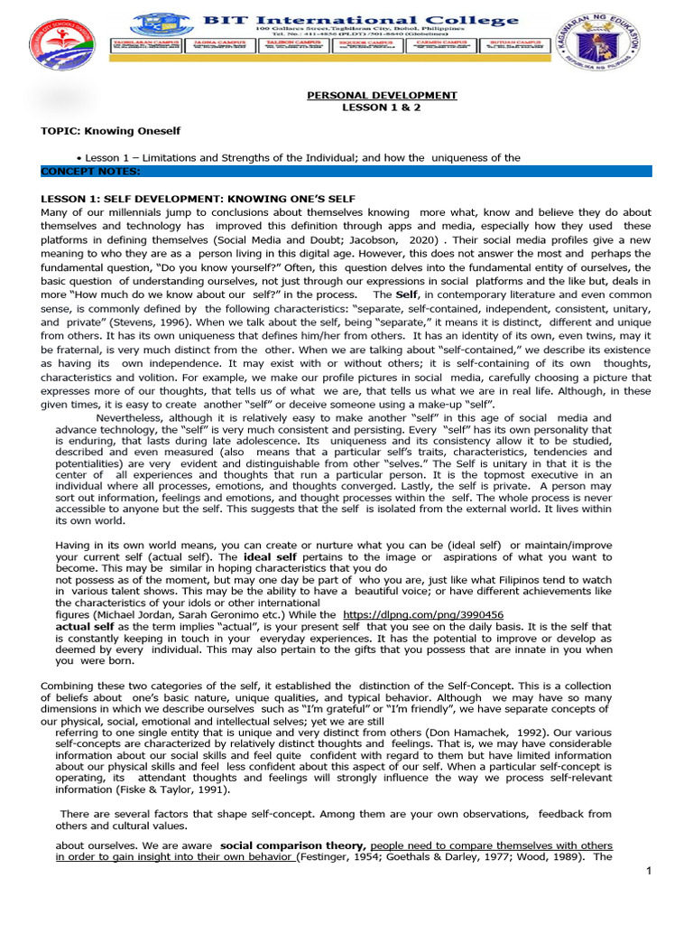 Perdev Module Lesson 1 2 | PDF | Self Concept | Stress (Biology)